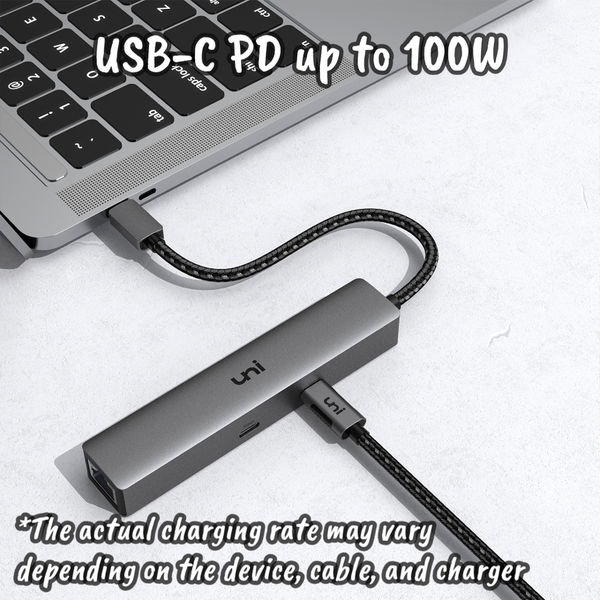 Concentrador USB C con puerto USB C, adaptador HDMI 4K, Ethernet 1G, PD de 100 W | él® - uni